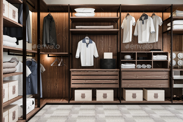 oak wood walk in closet with wardrobe in bedroom Stock Photo by dit26978