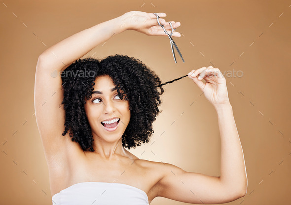 Cutting, hair care and woman with scissors, smile and excited on a ...