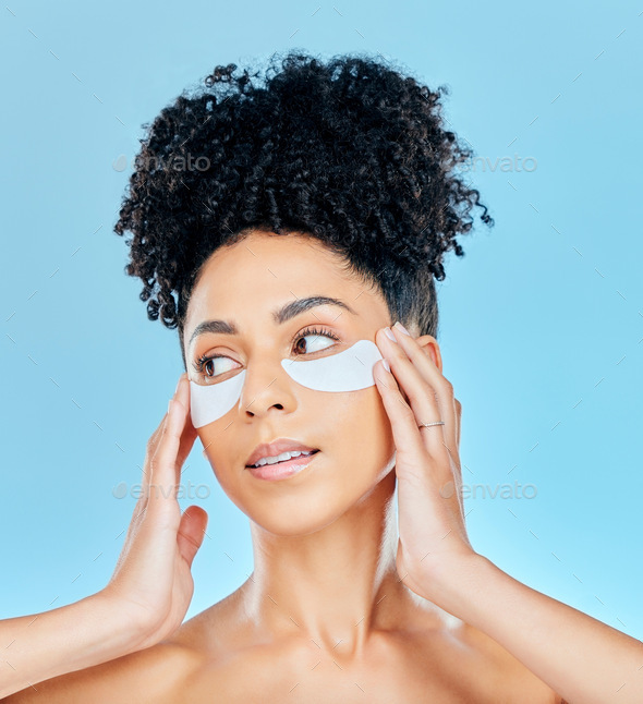 Woman thinking, face and under eye patch application for skin hydration ...