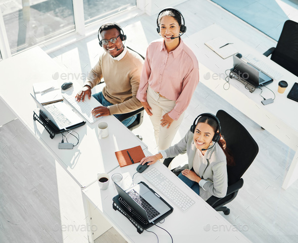 Call center, staff group and smile in portrait with laptop ...