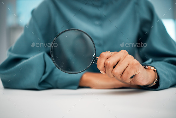 Magnifying glass, investigation and person hand with detective, study ...
