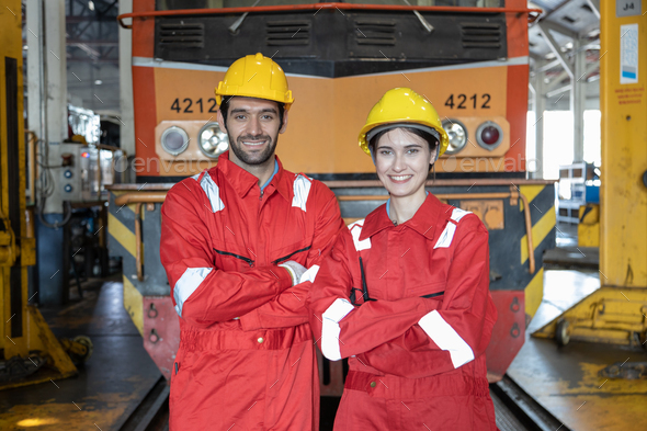 Engineer train Inspect the train's diesel engine, railway track in ...