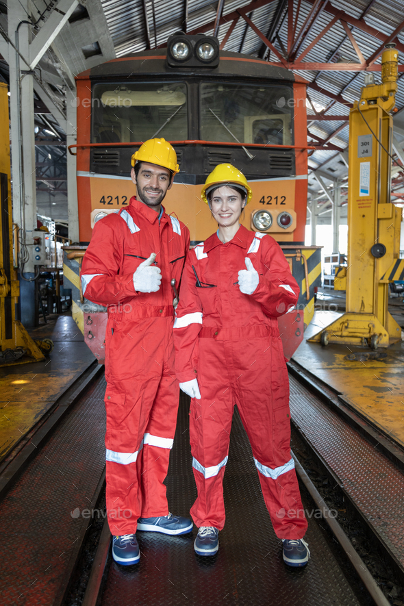 Engineer train Inspect the train's diesel engine, railway track in ...