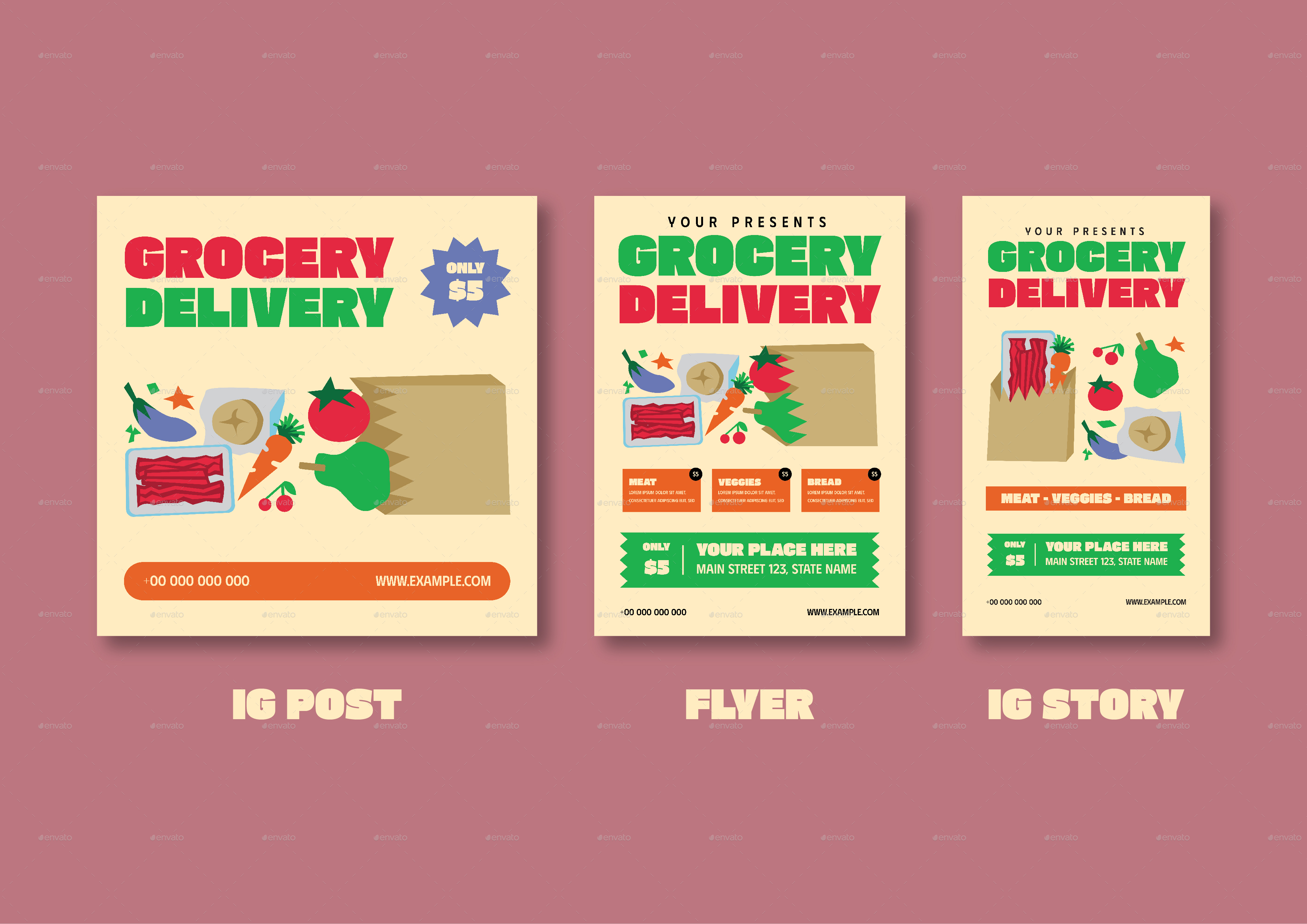 Flat Grocery Delivery Flyer Set, Print Templates | GraphicRiver