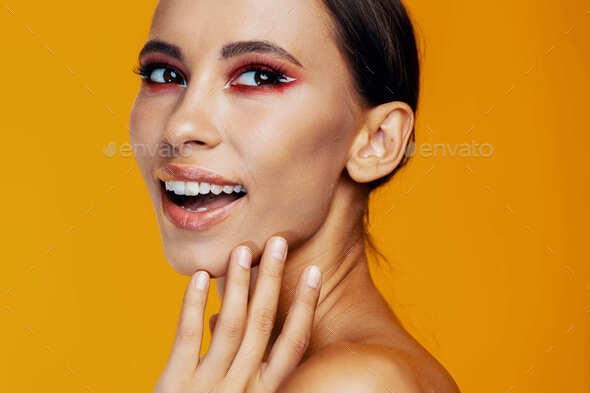 Girl woman eye smile color portrait studio close-up face make-up model ...