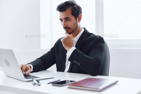 Man male tired sitting working computer business desk office thinking ...