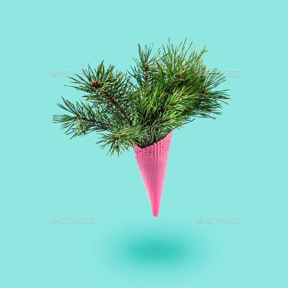Painted pink ice cream cone with fluffy fir branches levitate. Minimal ...