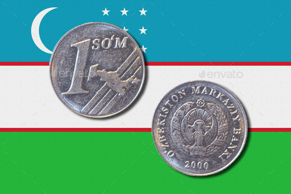 Uzbekistani som coin on a national flag background, obverse and reverse ...