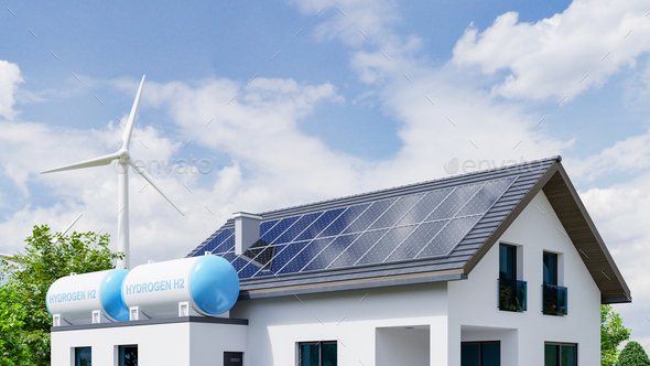 Hydrogen energy house have solar panels and wind turbine facility Stock ...