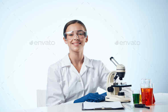 pretty woman laboratory white coat science Stock Photo by shotprime