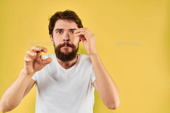 Bearded man emotions fun gesture with hands white t-shirt close-up ...