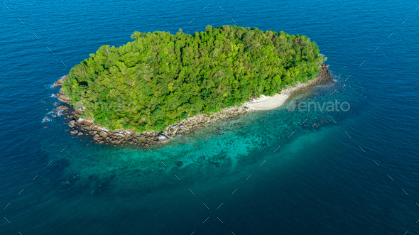 Seascape with small island. Blue sea surface from above, sea from a ...