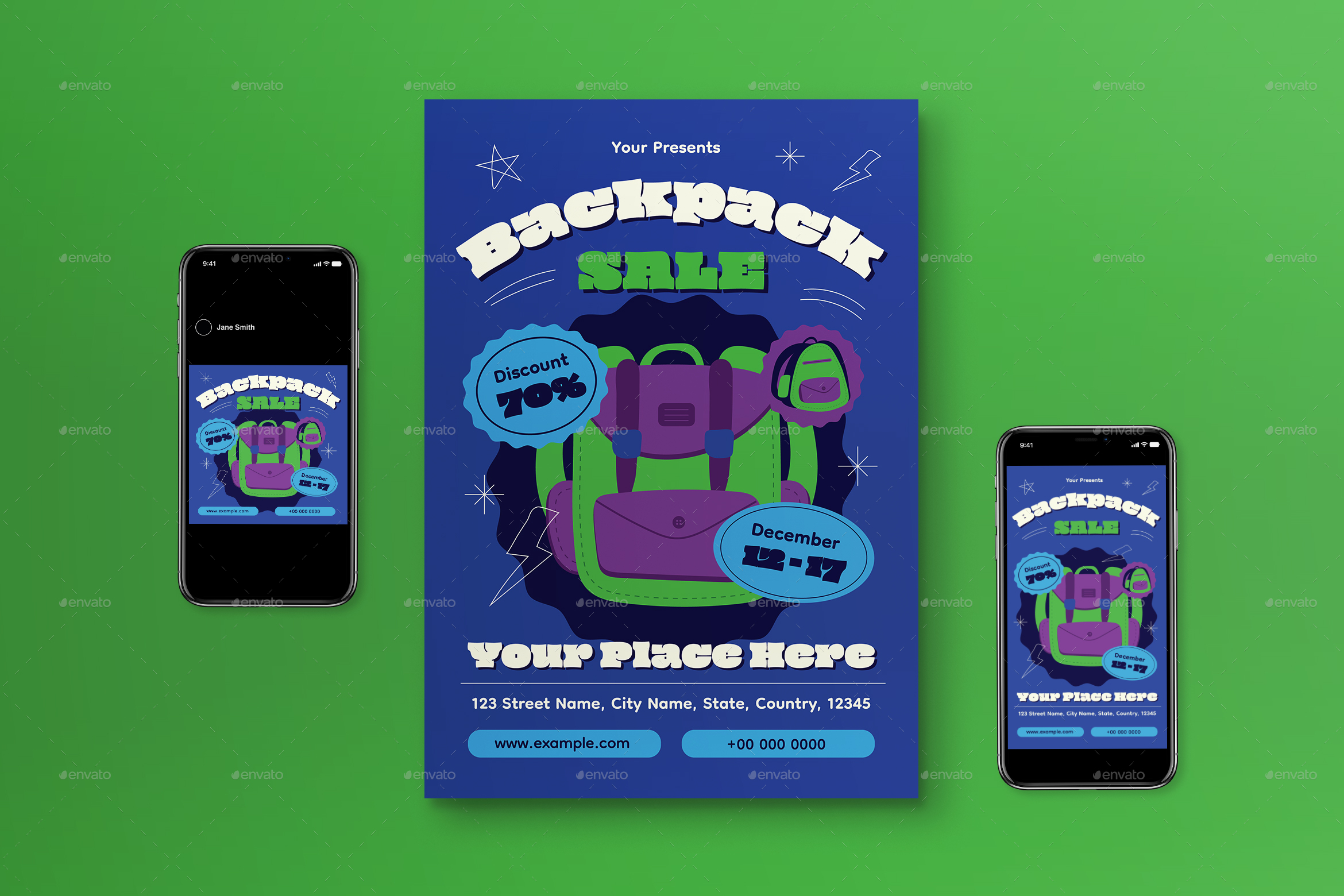 Blue Hand Drawn Backpack Sale Flyer Set, Print Templates | GraphicRiver