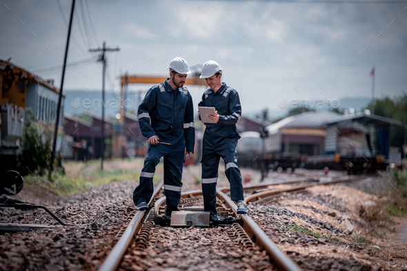 Engineer railway under inspection and checking construction railway ...