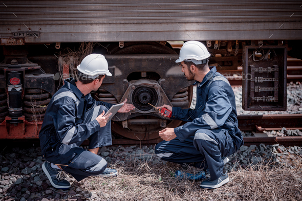 Engineer railway under inspection and checking construction railway ...