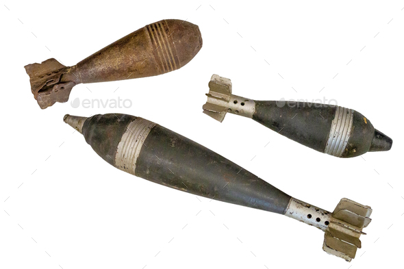 Projectile, bomb, rocket isolated on white background. Large exploding ...