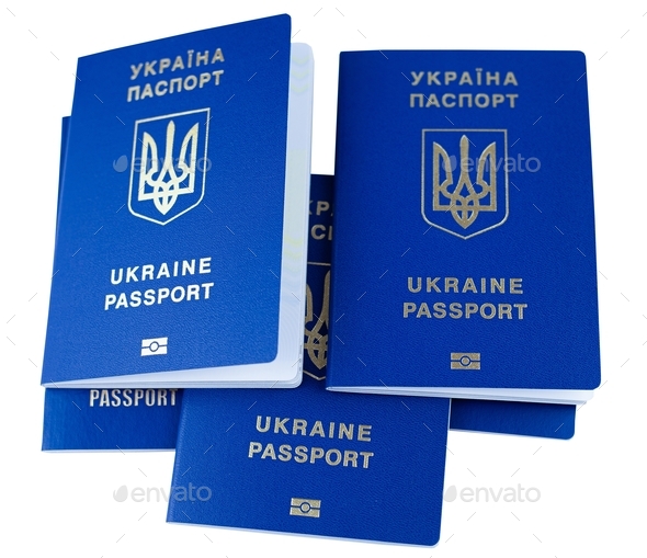 Biometric passports of Ukraine isolated on white background. Blue ...