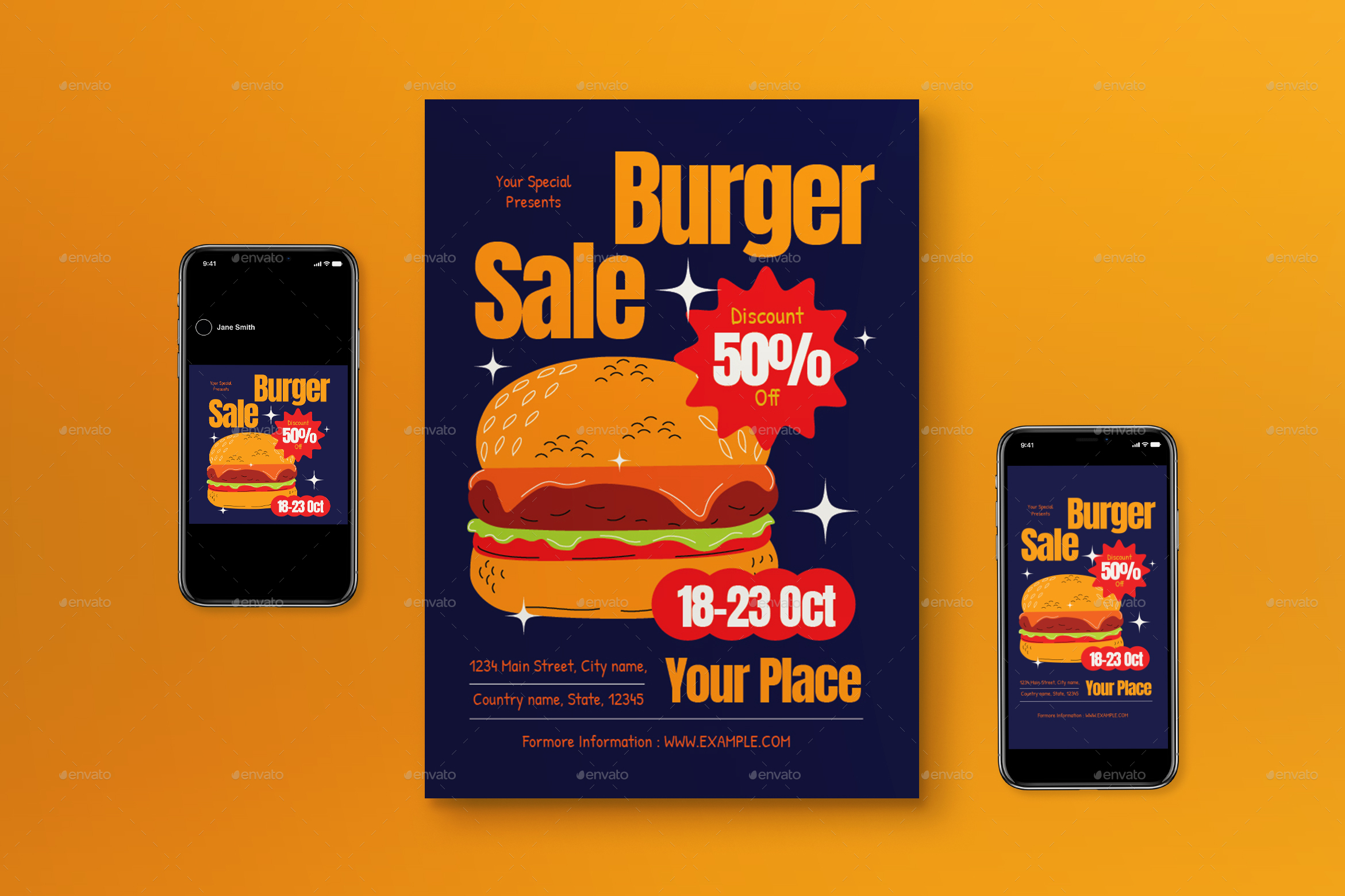 Dark Blue Flat Design Burger Sale Flyer Set, Print Templates | GraphicRiver