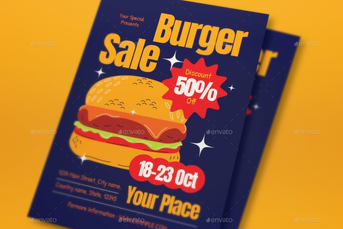 Dark Blue Flat Design Burger Sale Flyer Set, Print Templates | GraphicRiver