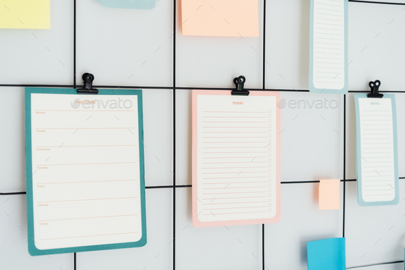 Close up grid mood inspiration board with mockup empty notes, Check ...