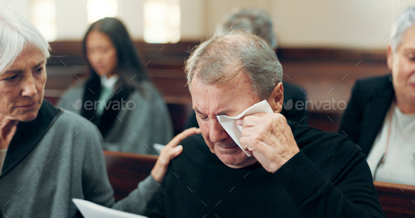 Sad, funeral or old man crying in church for God, holy spirit or ...