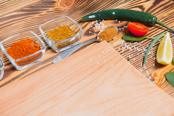 Cooking table. Background with spices and vegetables. Top view. Free ...