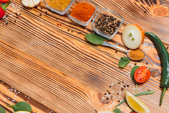 Cooking table. Background with spices and vegetables. Top view. Free ...