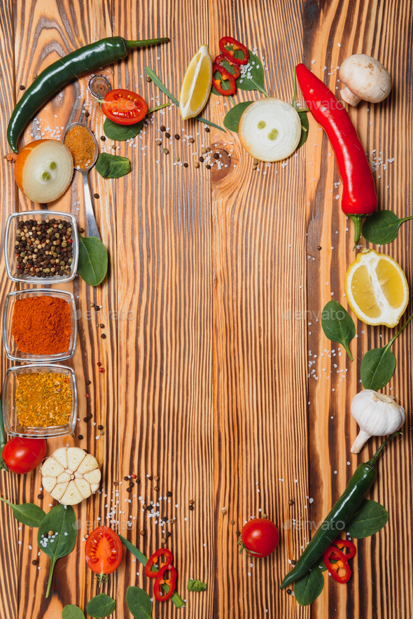 Cooking table. Background with spices and vegetables. Top view. Free ...