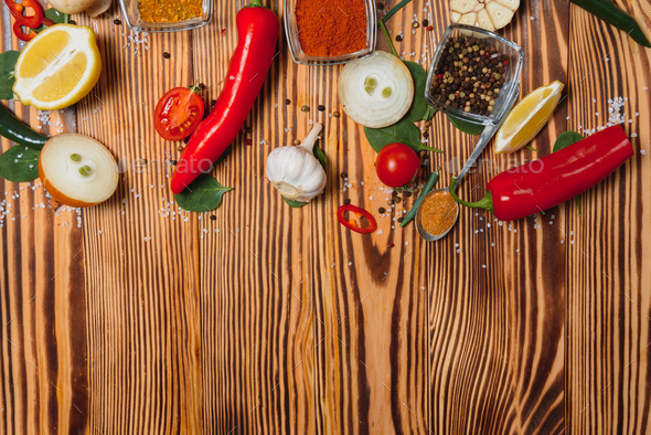 Cooking table. Background with spices and vegetables. Top view. Free ...
