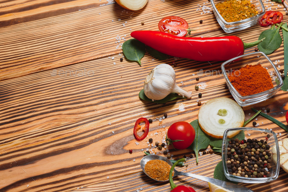 Cooking table. Background with spices and vegetables. Top view. Free ...