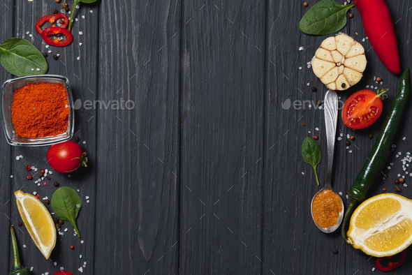 Cooking table. Background with spices and vegetables. Top view. Free ...
