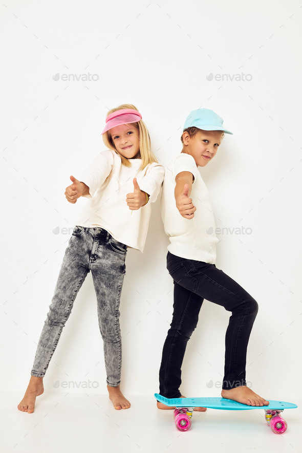 Modern teenagers posing together active rest entertainment isolated ...