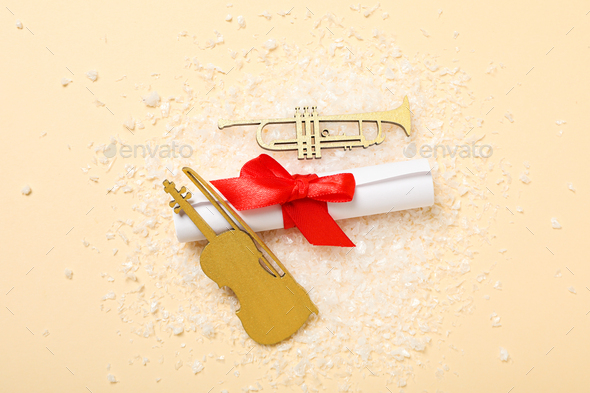 Golden musical instruments on a light background. Stock Photo by ...
