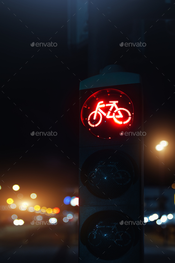 Bicycle stop red warning lamp sign on traffic light road highway ...