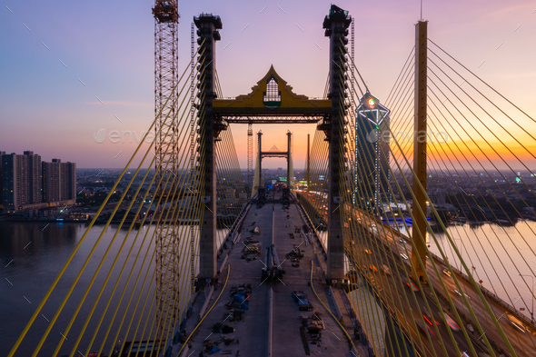 Aerial view Construction of Rama 9 Bridge which was completed in 2024 Stock Photo by PICCOLINO208