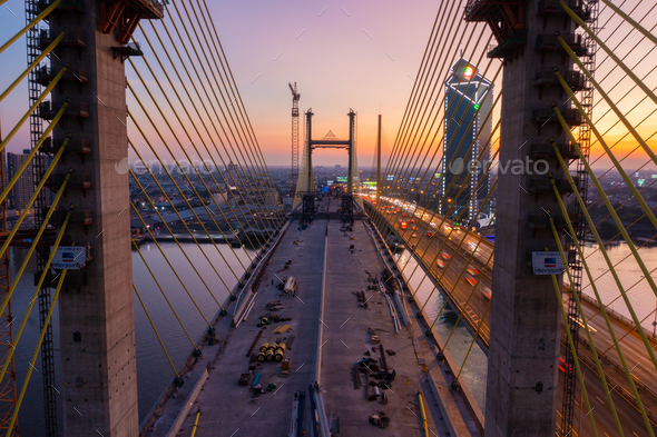 Aerial view Construction of Rama 9 Bridge which was completed in 2024 ...
