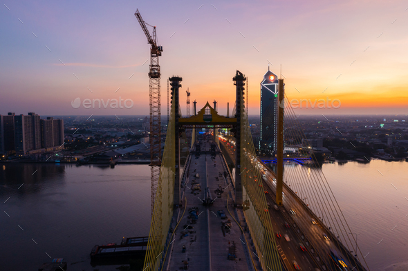 Aerial view Construction of Rama 9 Bridge which was completed in 2024 ...