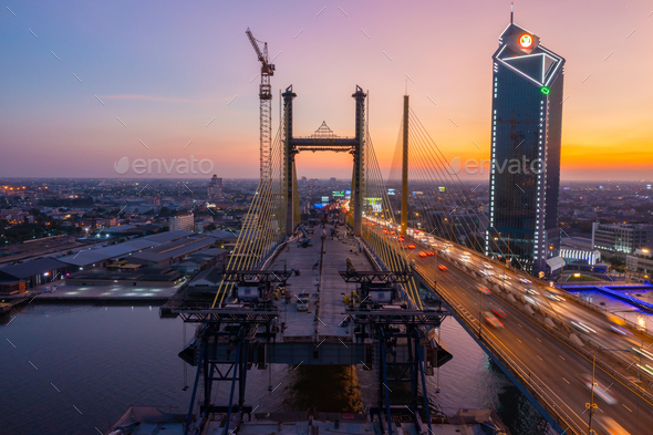 Aerial view Construction of Rama 9 Bridge which was completed in 2024 ...