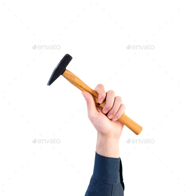 Man's arm raised holding a hammer isolated on white background Stock ...
