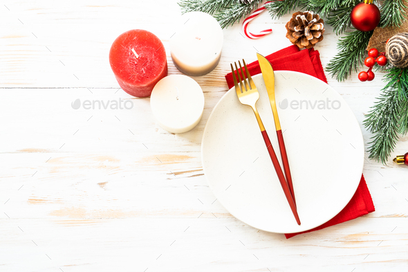 Christmas table with holiday food background. Stock Photo by Nadianb