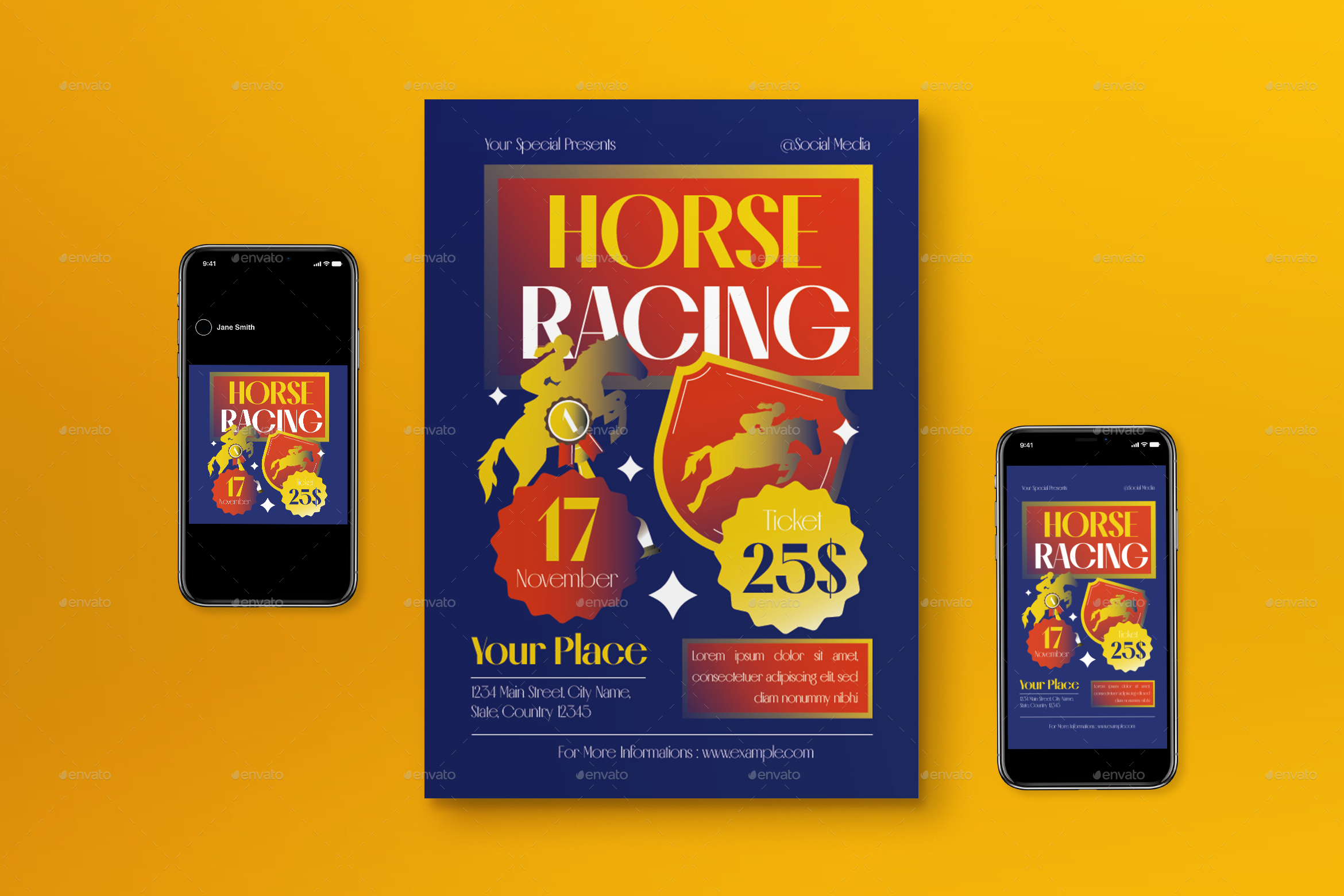 Blue Gradient Flat Design Horse Racing Flyer Set, Print Templates ...
