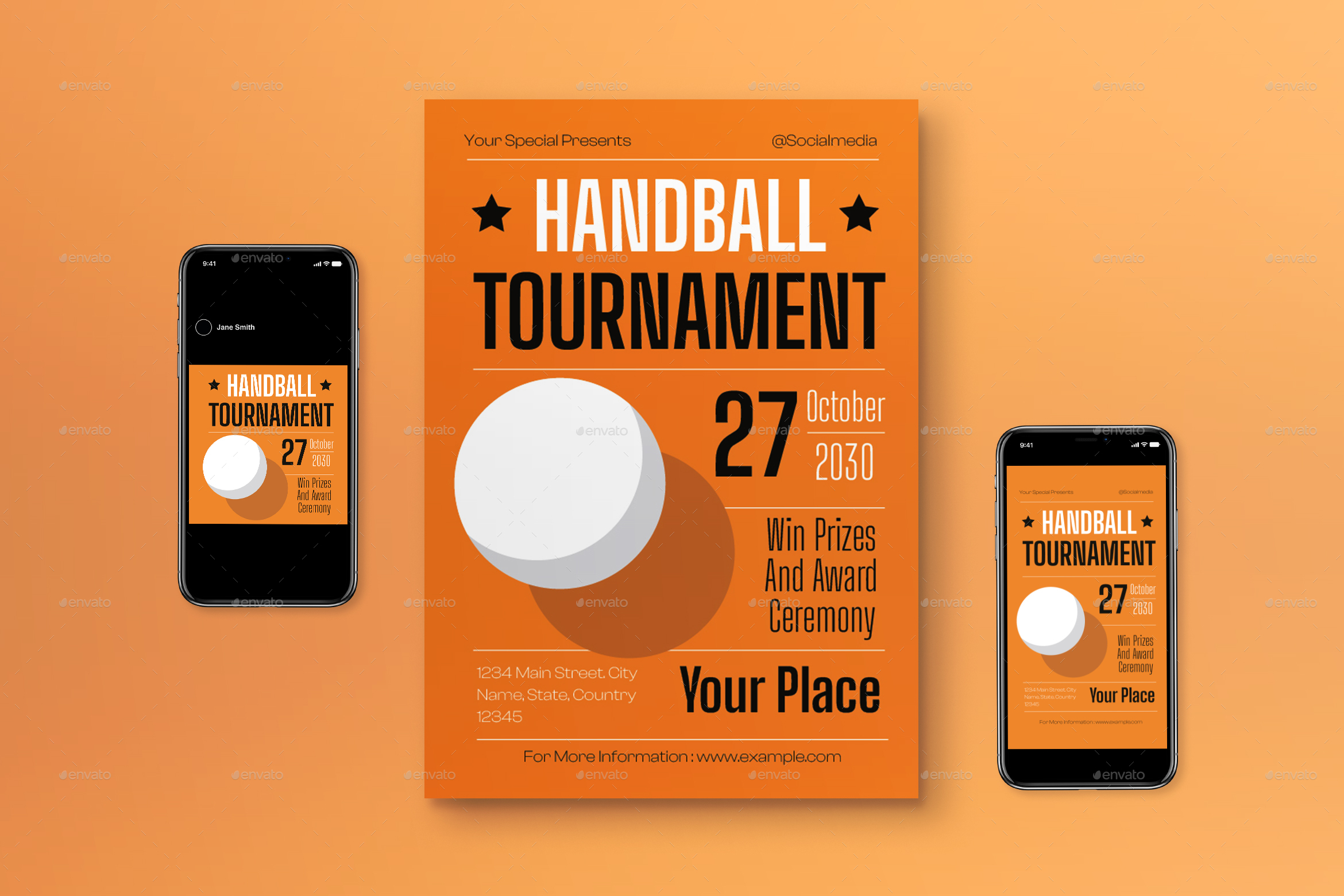 Orange Minimalist Flat Design Handball Tournament Flyer Set, Print ...