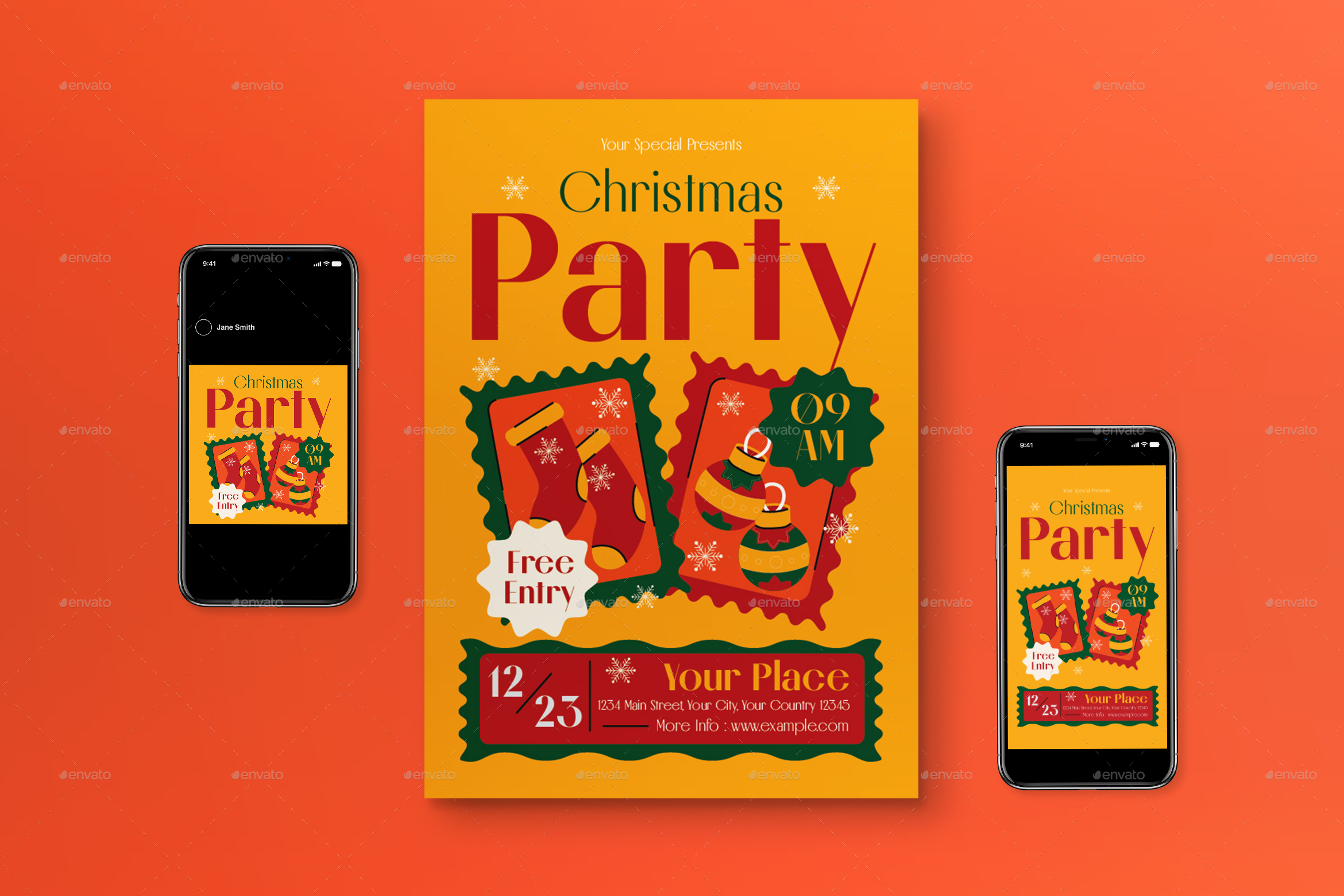 Orange Flat Design Christmas Party Flyer Set, Print Templates ...