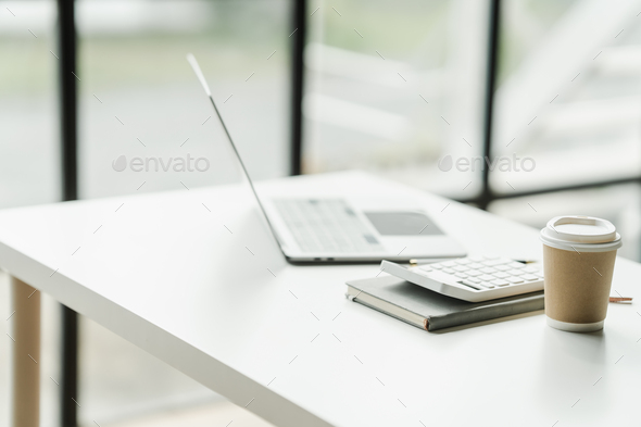 Office desk workspace, nobody, no people, minimalist design, empty ...
