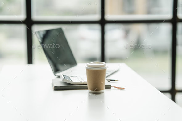 Office desk workspace, nobody, no people, minimalist design, empty ...
