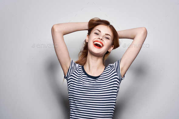 pretty woman hairstyle joy posing fashion attractive look model studio ...