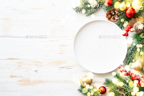 Christmas table with holiday food background. Stock Photo by Nadianb