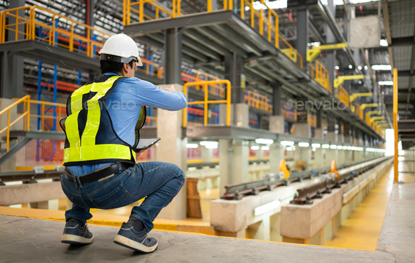 Electric vehicle engineer prepare to inspect electric train according ...
