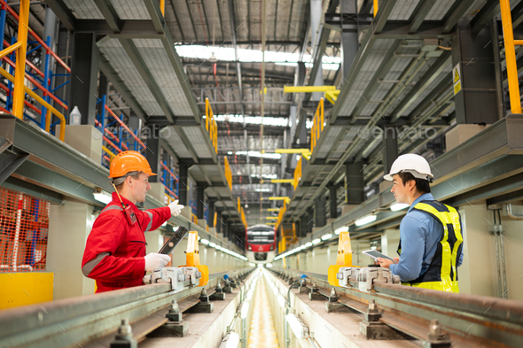 Electric train engineer and technician with tools inspect the railway ...