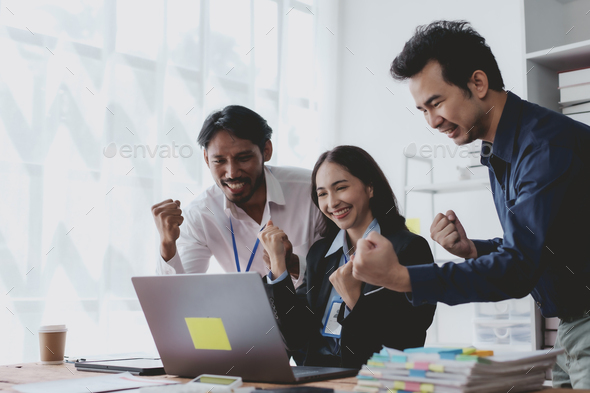 Business people raising his hand to congratulate excited and happy at a ...
